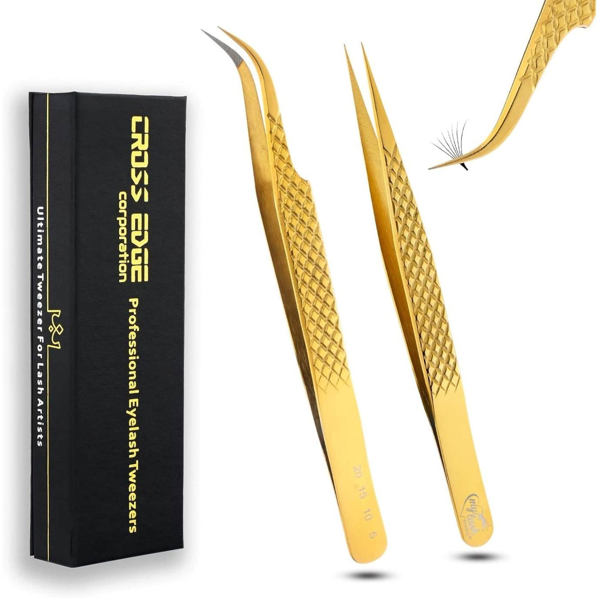 Gold Fiber Tip Lash Tweezers Micro Grip Tip Curved Volume set – Cross ...